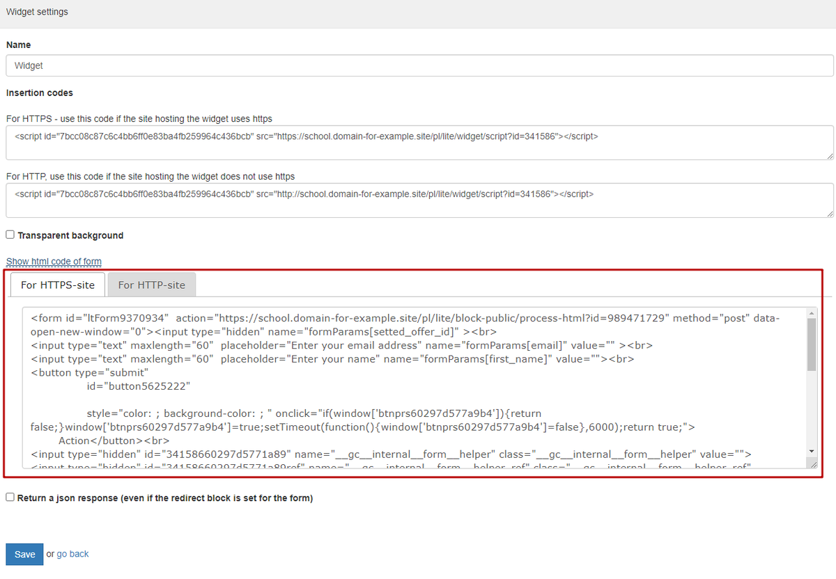 HTML Code of the Form in the Widget. Help center